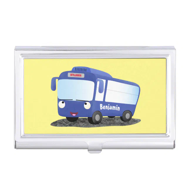 Cute blue modern bus cartoon illustration business card case | Zazzle