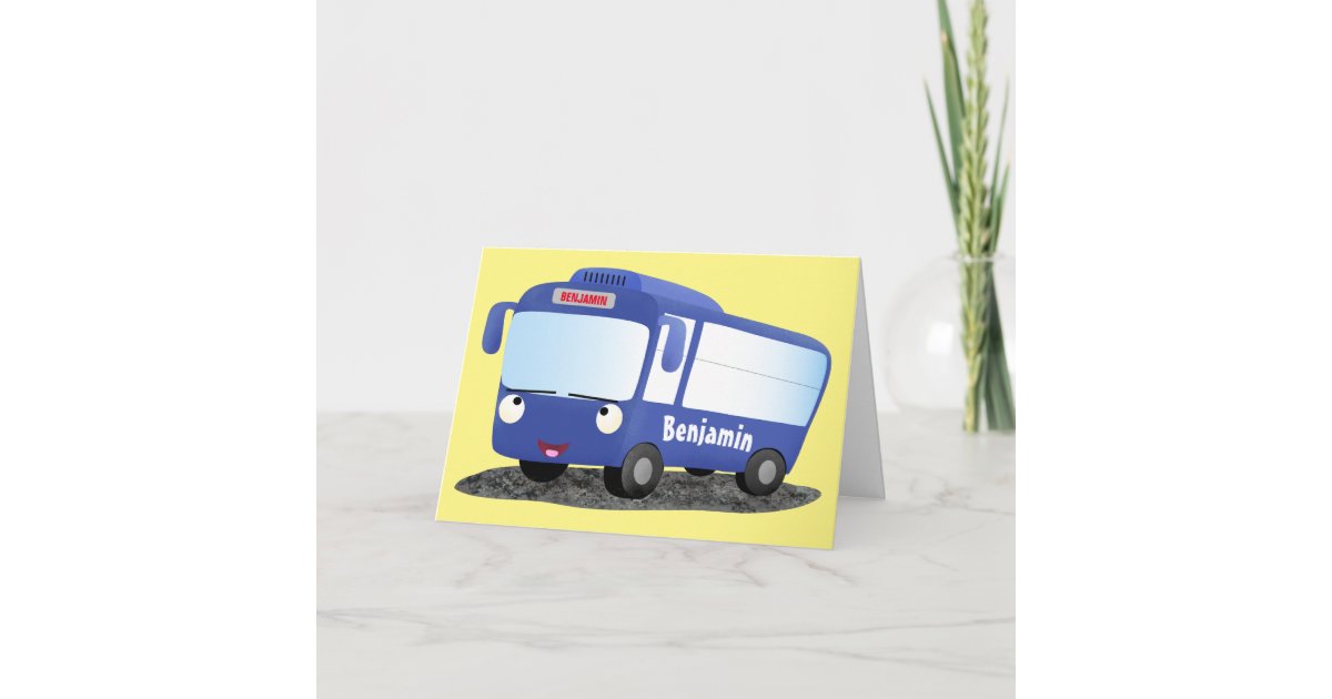Cute blue modern bus cartoon illustration card | Zazzle