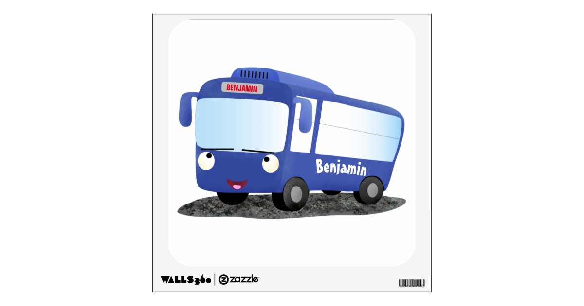 Cute blue modern bus cartoon illustration wall decal | Zazzle