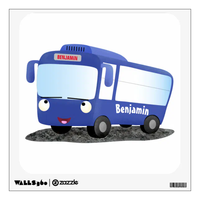 Cute blue modern bus cartoon illustration wall decal | Zazzle