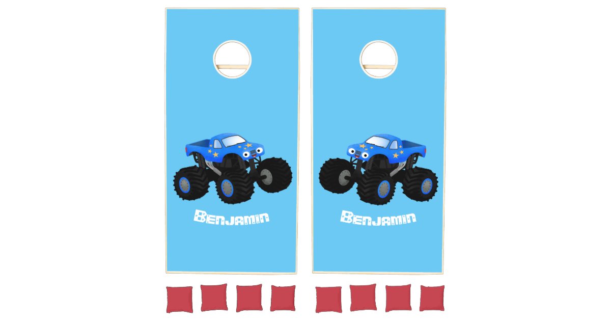 Cute blue monster truck cartoon illustration cornhole set | Zazzle