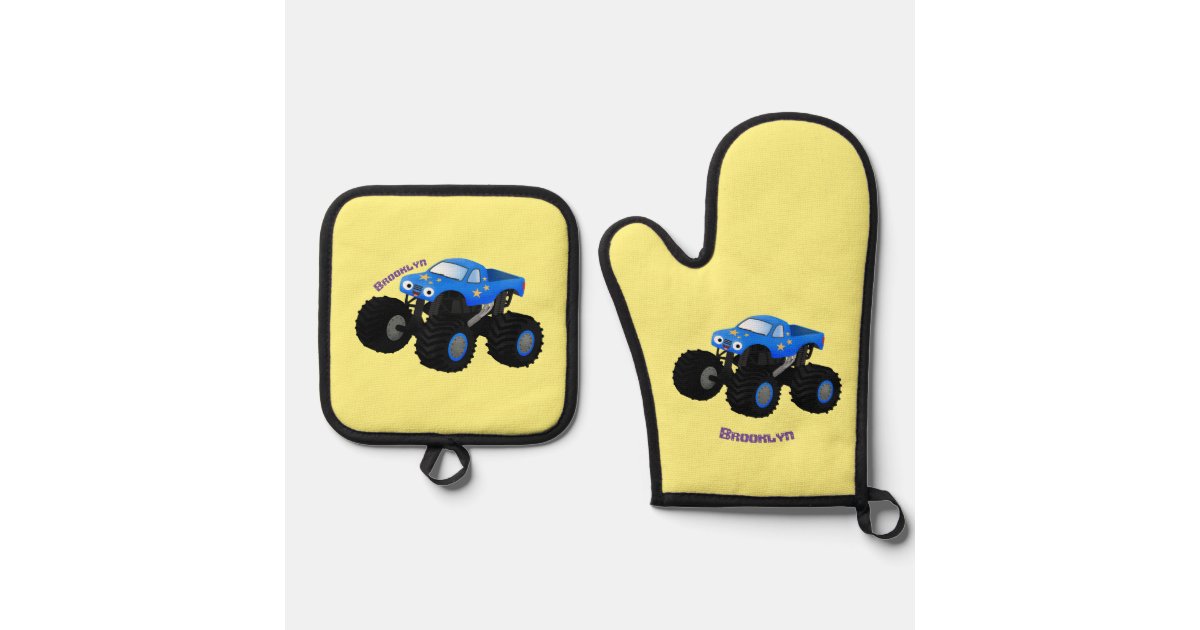 Cute blue monster truck cartoon illustration oven mitt & pot holder set ...