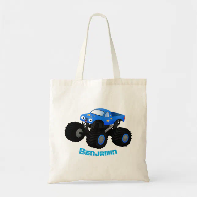 Cute blue monster truck cartoon illustration tote bag | Zazzle