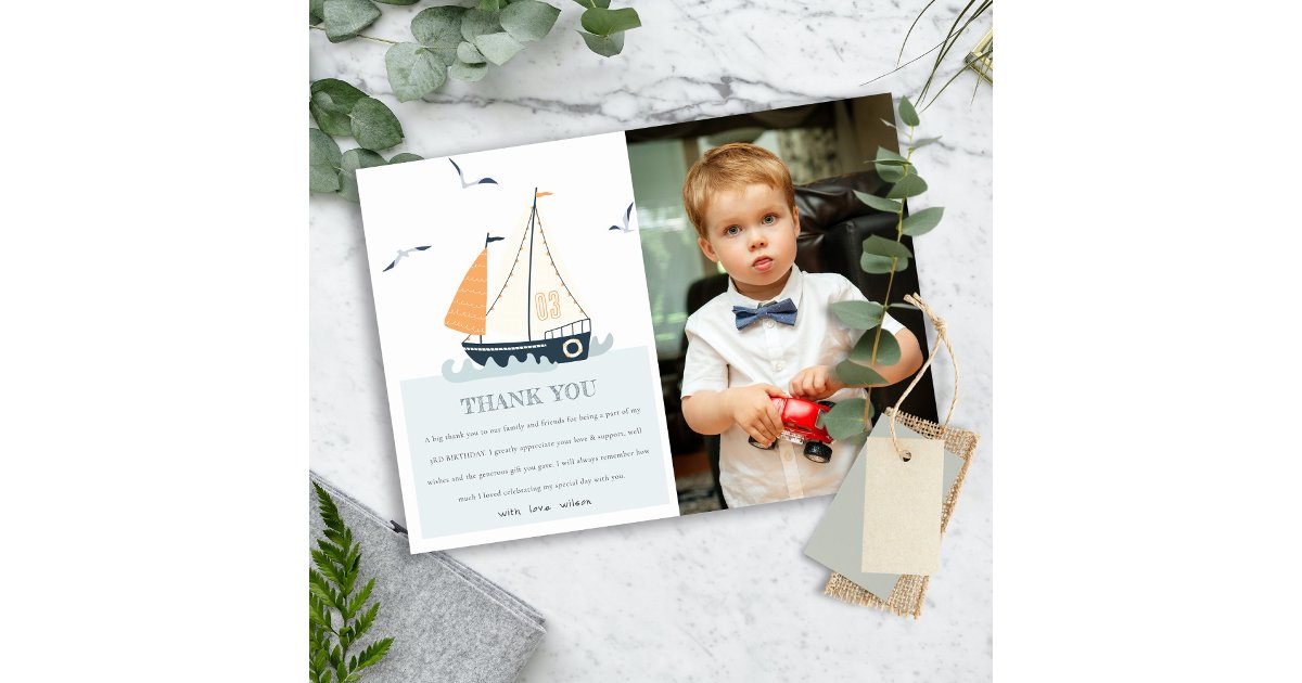 Cute Blue Nautical Sailboat Kids Photo Birthday Thank You Card | Zazzle