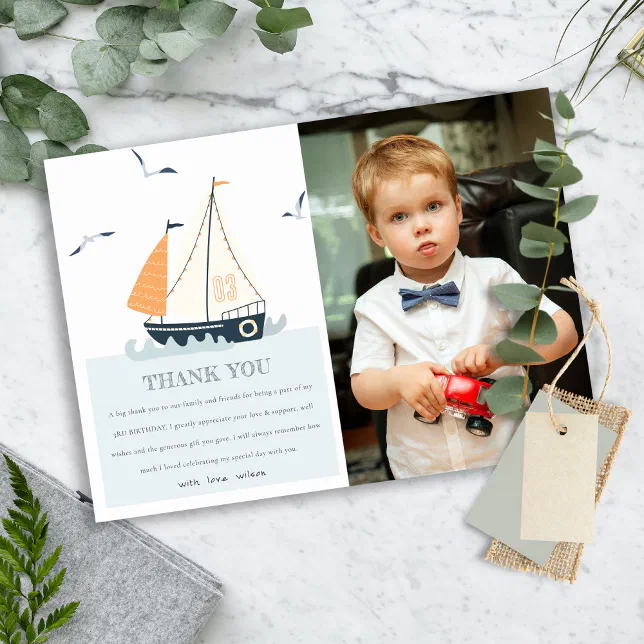 Cute Blue Nautical Sailboat Kids Photo Birthday Thank You Card | Zazzle