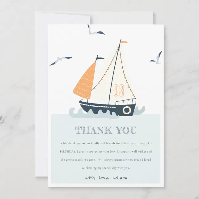 Cute Blue Nautical Sailboat Pastel Kids Birthday Thank You Card | Zazzle
