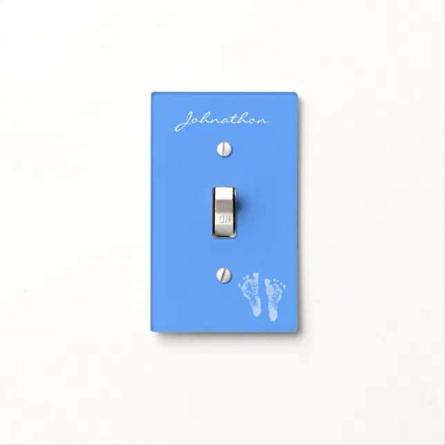 Cute Blue Nursery Footprints With Baby Boy Name Light Switch Cover | Zazzle