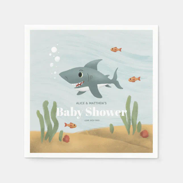 Cute Blue Ocean Sea Shark Boys Baby Shower Napkins | Zazzle