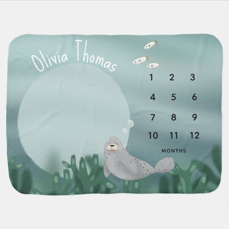 Cute Blue Ocean Seal Under the Sea Milestone Baby Blanket | Zazzle