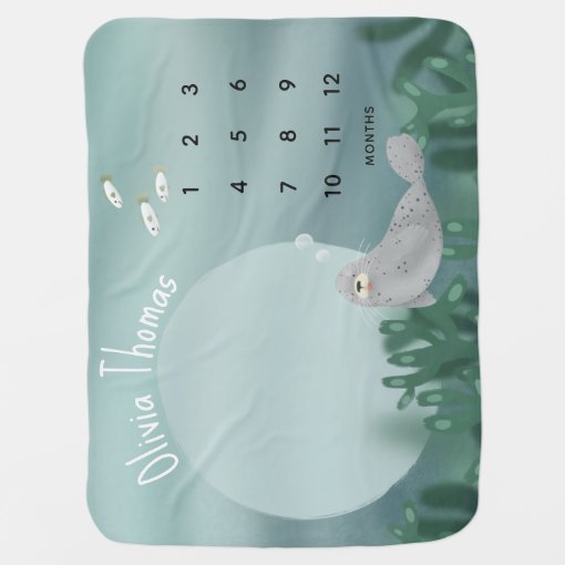 Cute Blue Ocean Seal Under the Sea Milestone Baby Blanket | Zazzle
