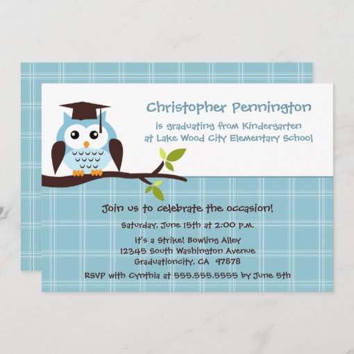 Cute blue owl elementary boy's graduation party invitation | Zazzle