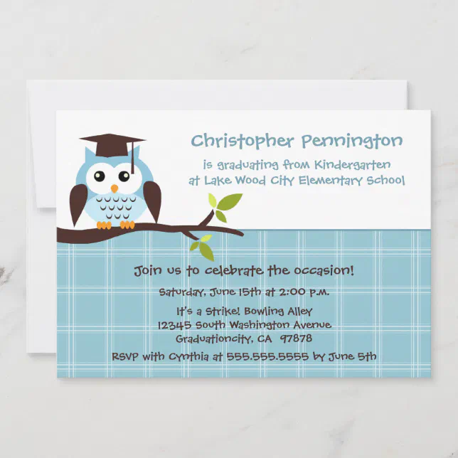 Cute blue owl elementary boy's graduation party invitation | Zazzle