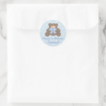 Cute Blue Ribbon Baby Teddy Bear First Birthday Classic Round Sticker ...