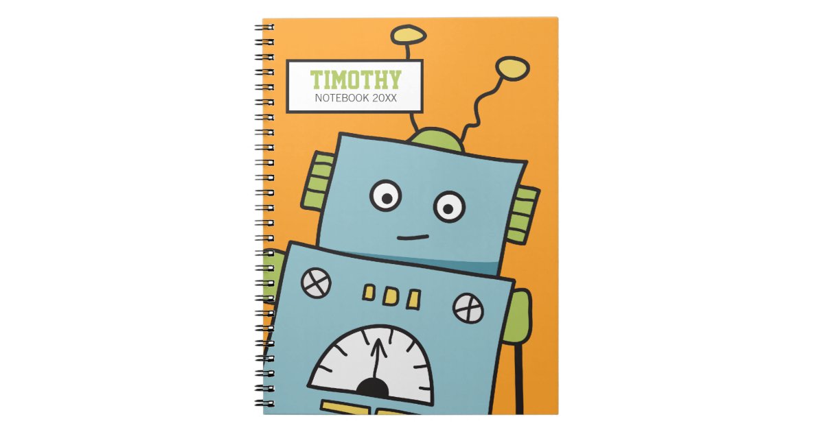 Cute Blue Robot with Personalized Name Notebook | Zazzle