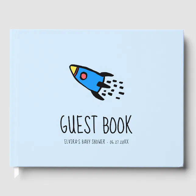 Cute blue rocket baby boy Baby shower Guest Book | Zazzle