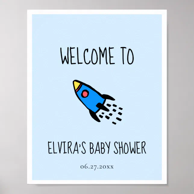 Cute blue rocket baby boy Baby shower welcome Poster | Zazzle