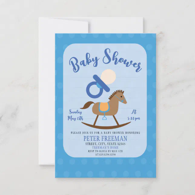 Cute Blue Rocking Horse Pacifier Boy Baby Shower Invitation | Zazzle