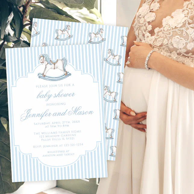 Cute blue rocking horse stiped baby boy shower invitation | Zazzle
