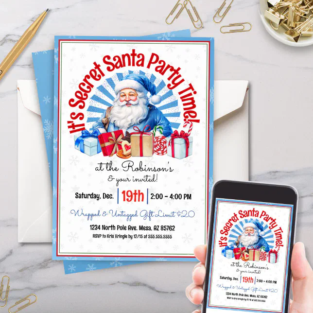 Cute Blue Secret Santa Christmas Party Invitation | Zazzle