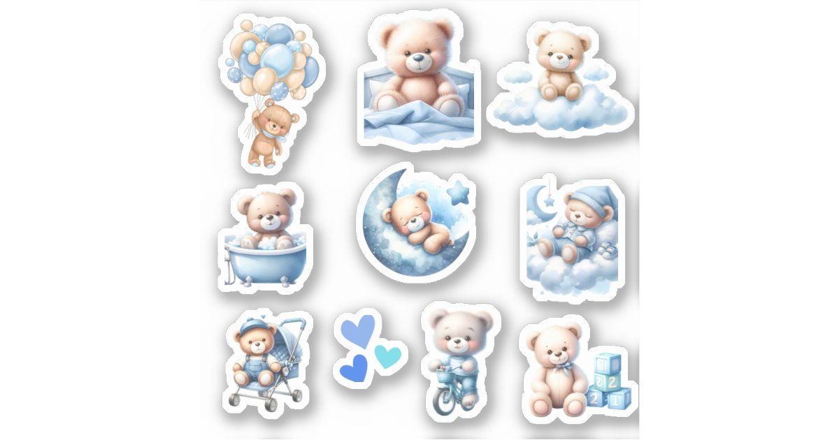Cute Blue Teddy Baby Boy Shower Sticker | Zazzle