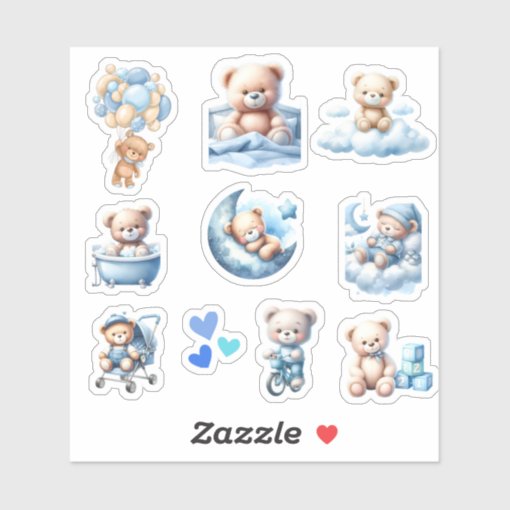 Cute Blue Teddy Baby Boy Shower Sticker | Zazzle