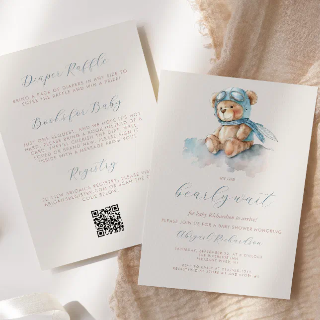 Cute Blue Teddy Bear QR Code Boy Baby Shower Invitation | Zazzle