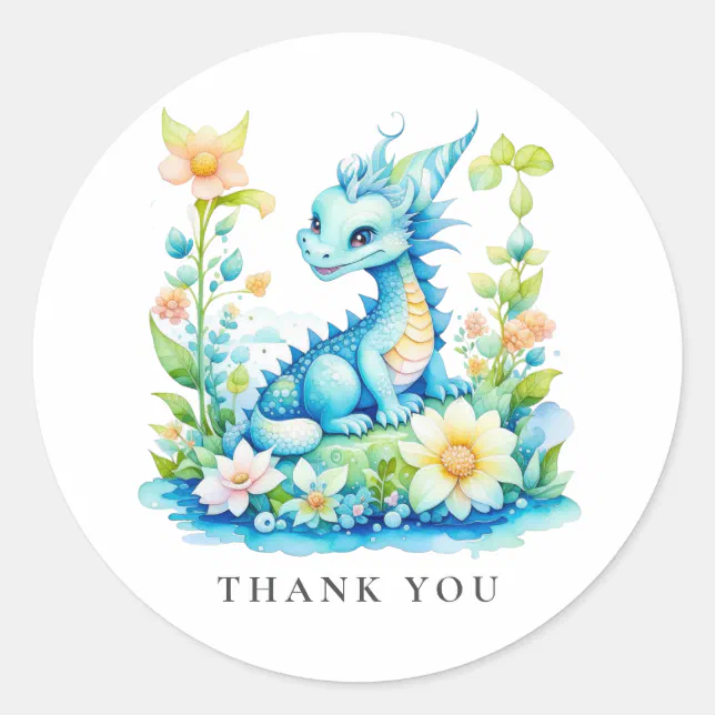 Cute Blue Turquoise Green Dragon Thank You Classic Round Sticker | Zazzle