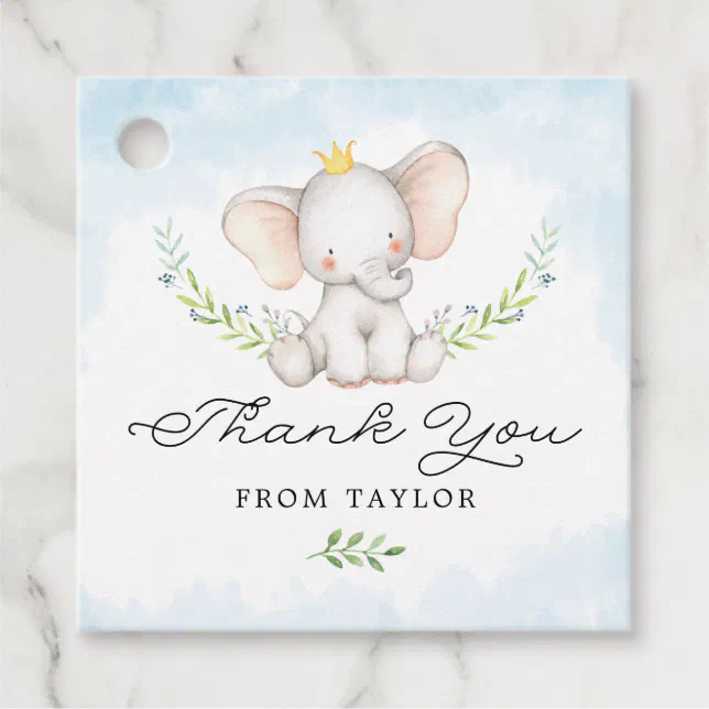 Cute Blue Watercolor Baby Elephant Thank You Favor Tags | Zazzle