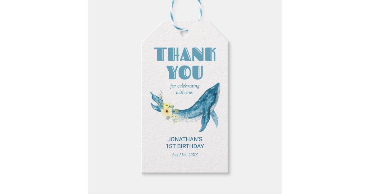 Cute Blue Whale Yellow Floral Birthday Thank You Gift Tags | Zazzle