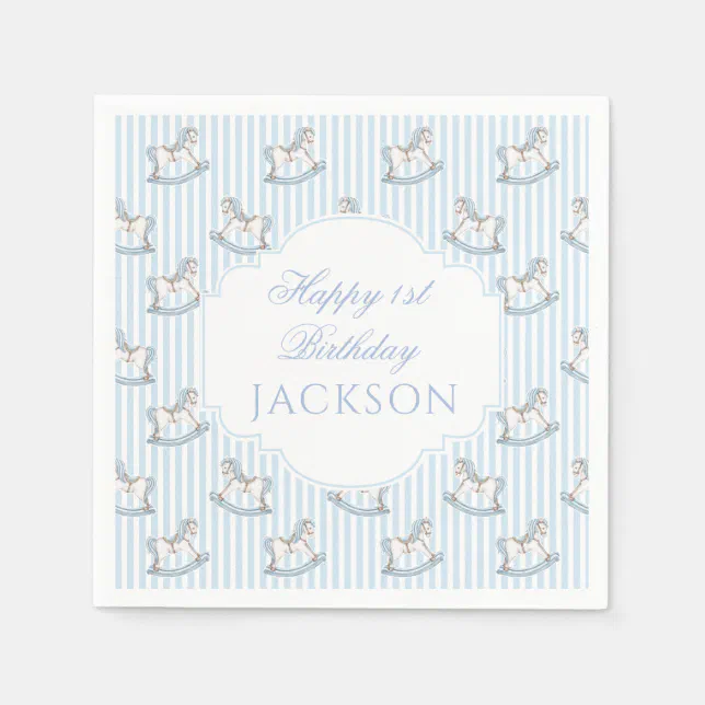 Cute blue wooden horse toy boho happy birthday boy napkins | Zazzle