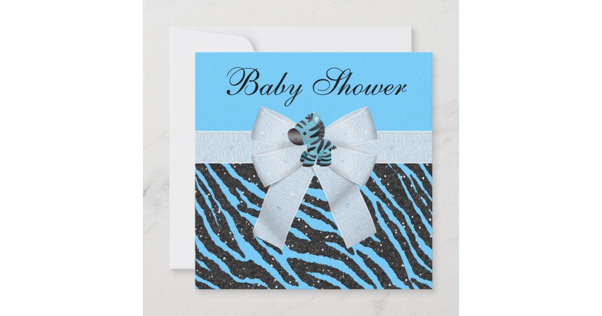 Cute Blue Zebra & Animal Print Glitter Baby Shower Invitation | Zazzle
