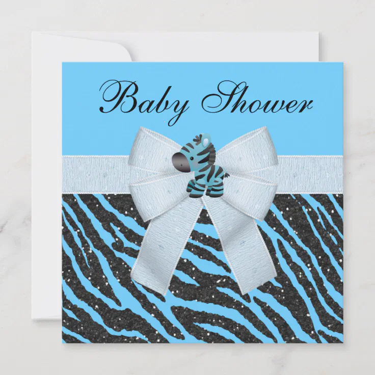 Cute Blue Zebra & Animal Print Glitter Baby Shower Invitation | Zazzle