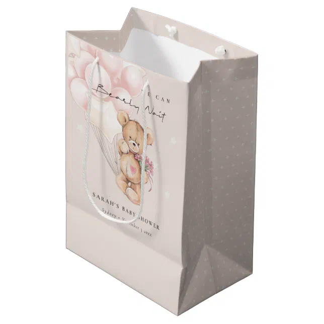 Cute Blush Bearly Wait Bear Balloon Baby Shower Medium Gift Bag | Zazzle