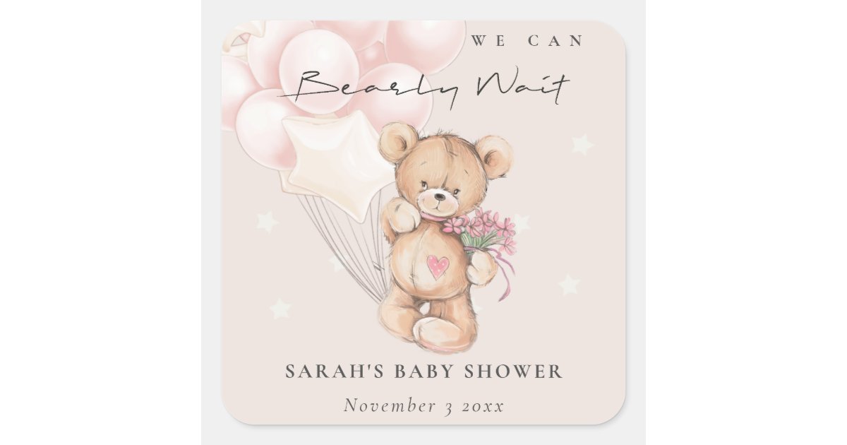 Cute Blush Bearly Wait Bear Balloon Baby Shower Square Sticker | Zazzle