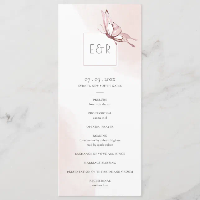 CUTE BLUSH BUTTERFLY WEDDING CEREMONY PROGRAM | Zazzle