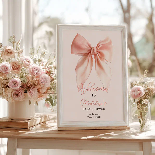 Cute Blush Coquette Bow Baby Shower Welcome Poster | Zazzle