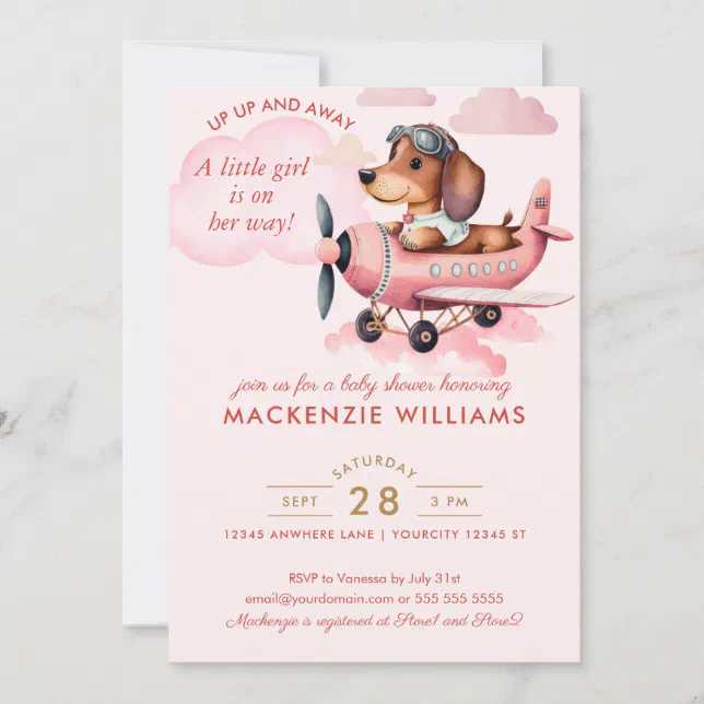 Cute Blush Pink Dachshund Plane Baby Shower Girl Invitation | Zazzle