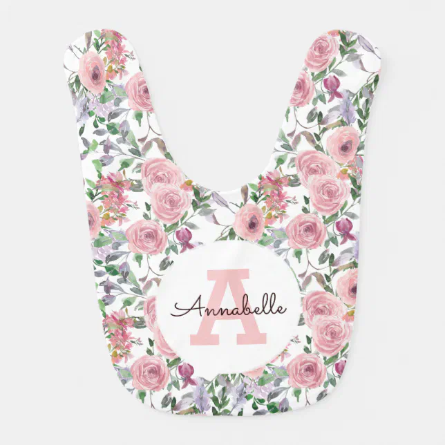 Cute Blush Pink Floral Rose Monogram Script Baby Bib | Zazzle