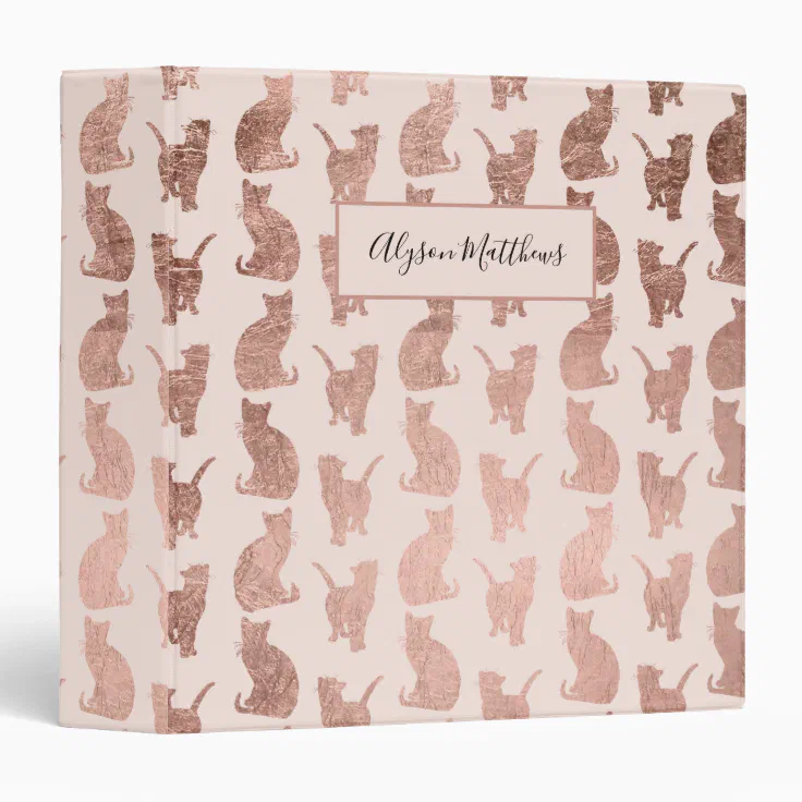Cute blush pink girly rose gold cats pattern 3 ring binder | Zazzle