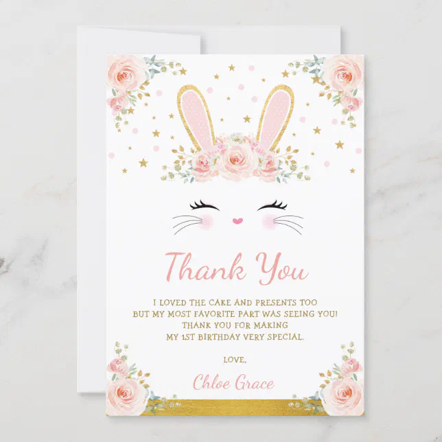 Cute Blush Pink Gold Bunny Easter Rabbit Birthday Thank You Card | Zazzle