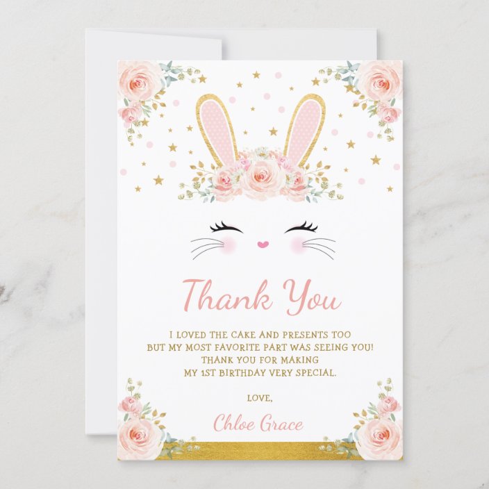 Cute Blush Pink Gold Bunny Easter Rabbit Birthday Thank You Card ...