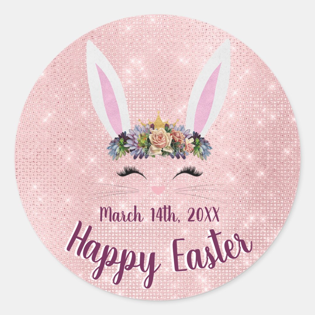 Cute Blush Pink Happy Easter Rabbit Classic Round Sticker | Zazzle