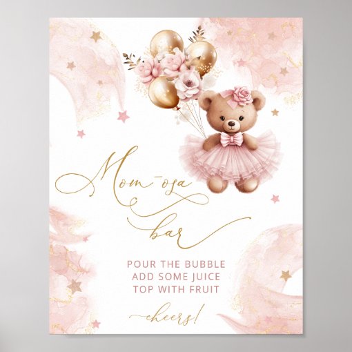 Cute Blush Pink Teddy Bear Balloons Mom-osa Bar Poster | Zazzle