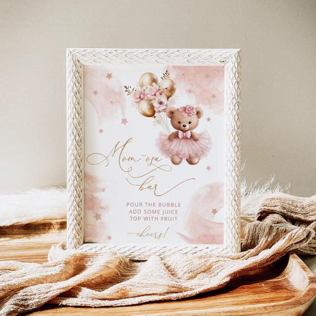Cute Blush Pink Teddy Bear Balloons Mom-osa Bar Poster | Zazzle