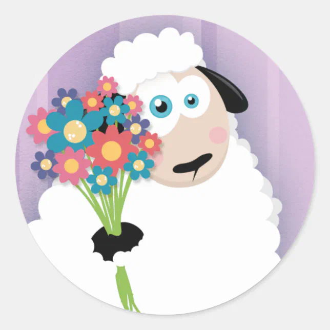 Cute Blushing Sheep Holding Flowers Stickers | Zazzle