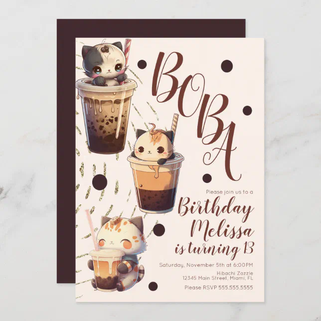 Cute Boba Cat Cartoon Birthday Party Invitation | Zazzle