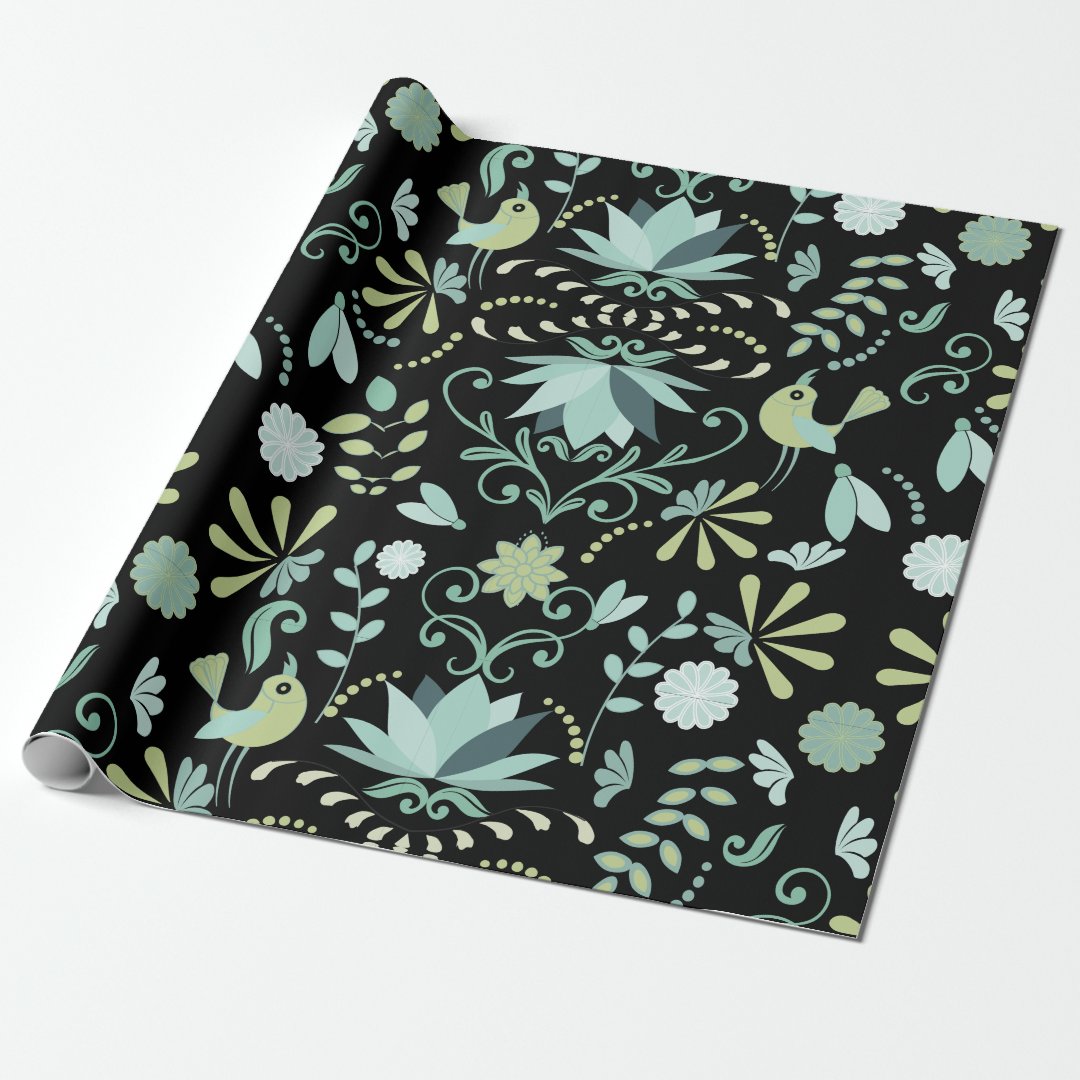 Cute boho birds flowers blue green black pattern wrapping paper | Zazzle