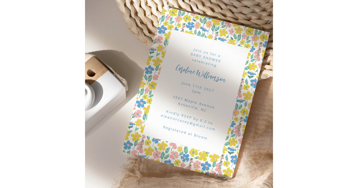 Cute Boho Blue Yellow Ditsy Floral Baby Shower Invitation | Zazzle