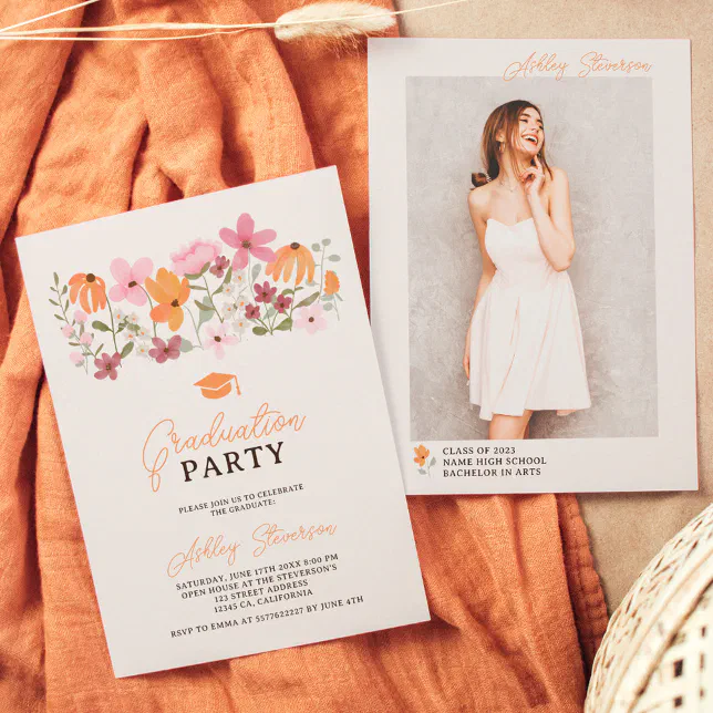 Cute boho meadow orange wildflower graduation invitation | Zazzle