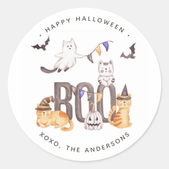 Cute Boo Cats Ghosts Pumpkin Happy Halloween Classic Round Sticker | Zazzle